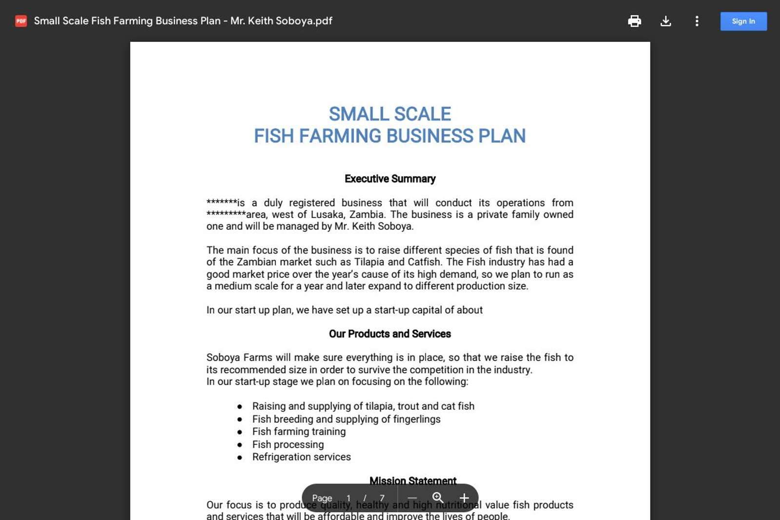 Small Scale Fish Farming Business Plan – Mr. Keith Soboya ...