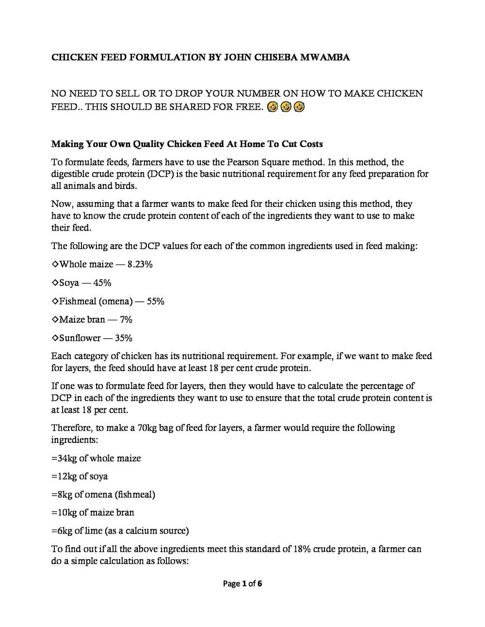 Chicken Feed Formulation – John Chiseba Mwamba | ECHOcommunity.org